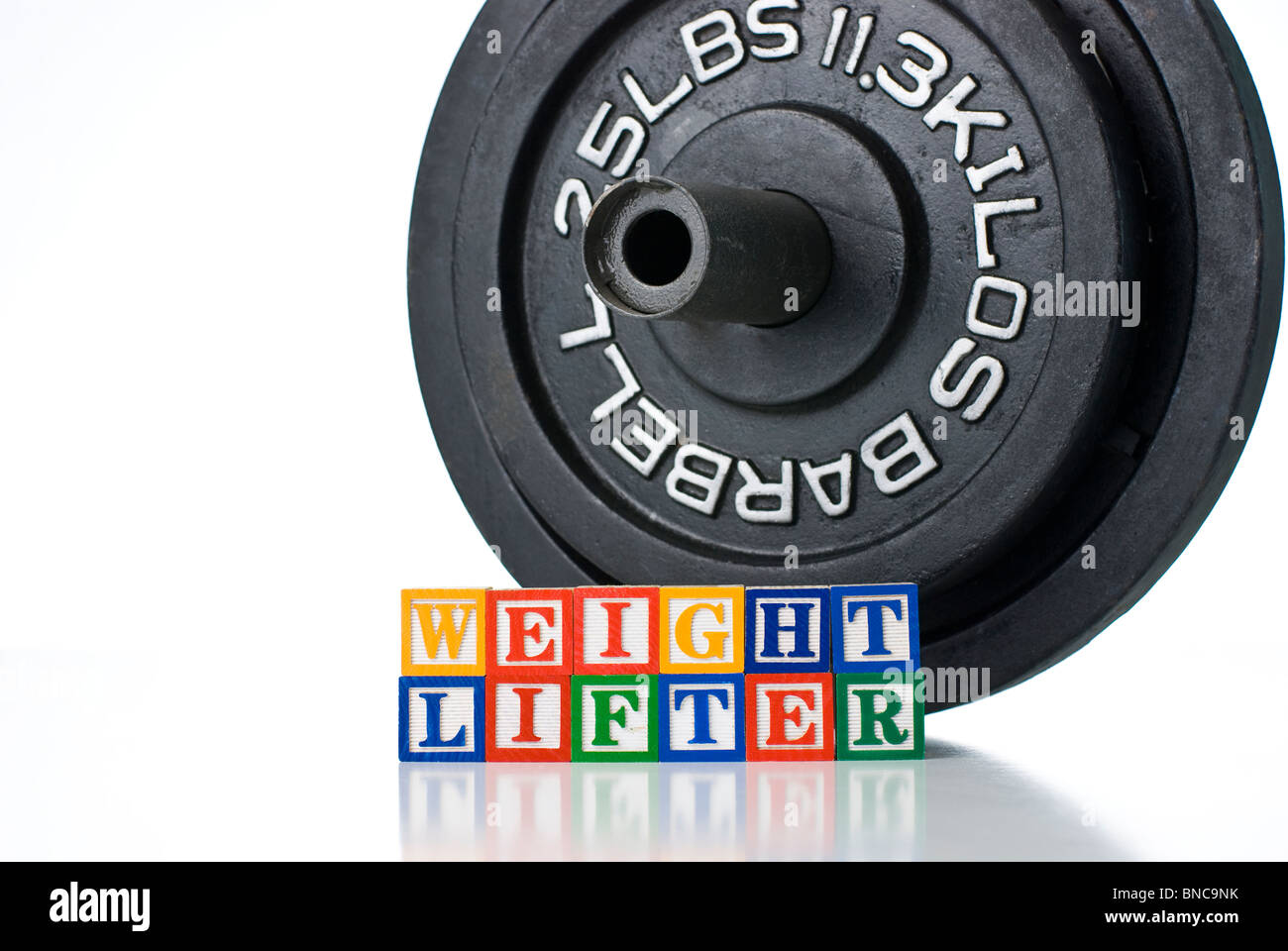 Colorful children's blocks spelling WEIGHT LIFTER with barbell weights ...