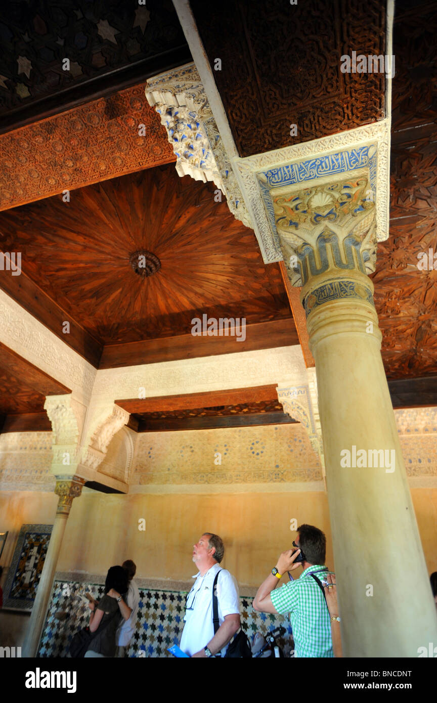 Tourists inside the Mexuar one of the first rooms in the Nasrid Palaces ...