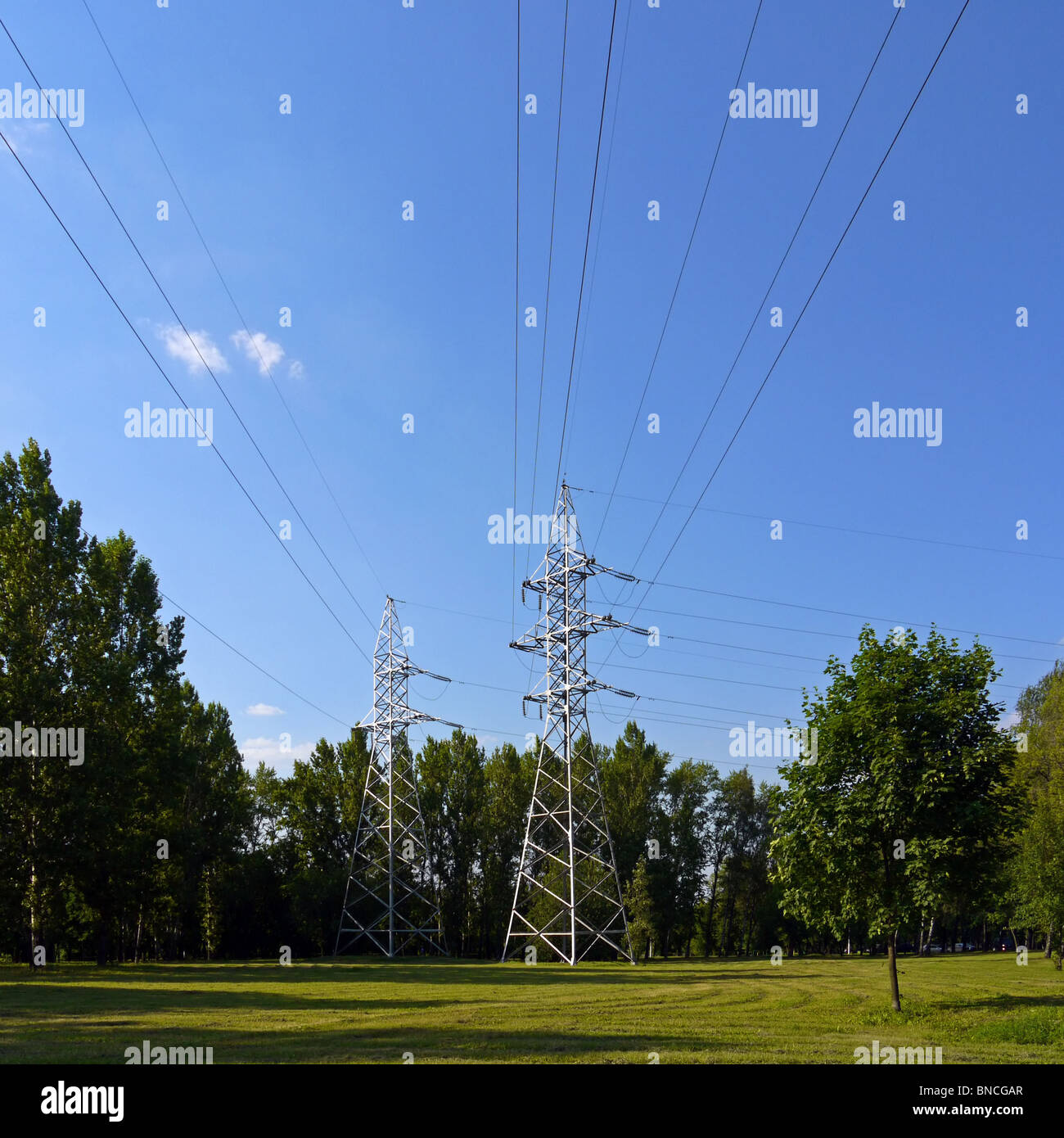 High-tension power line transmission towers, Moscow, Russia Stock Photo ...