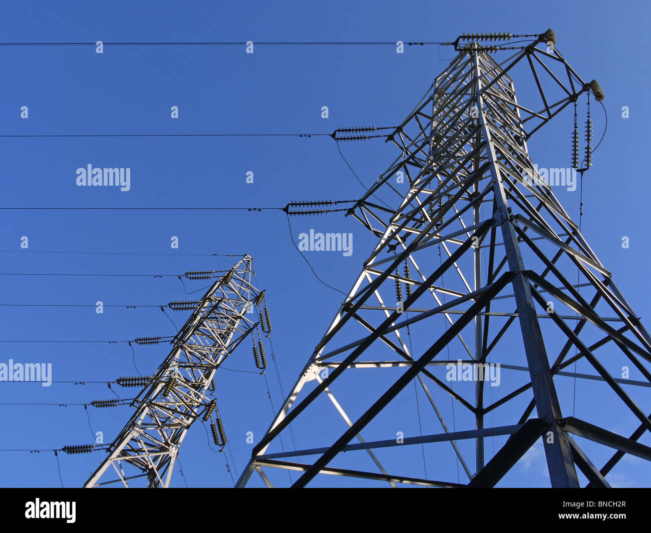 High-tension power line transmission towers (detail), Moscow, Russia ...