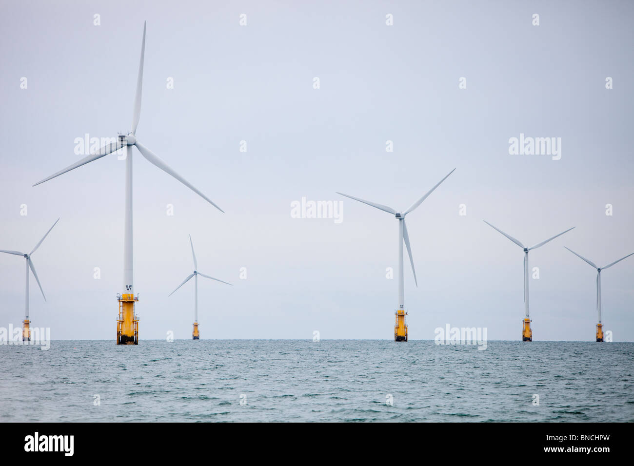 An offshore wind farm off Walney Island, Barrow in Furness, Cumbria, UK ...
