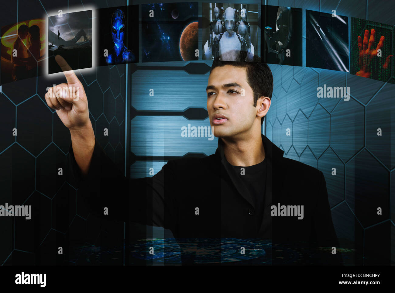 Man working on a futuristic touch screen Stock Photo - Alamy