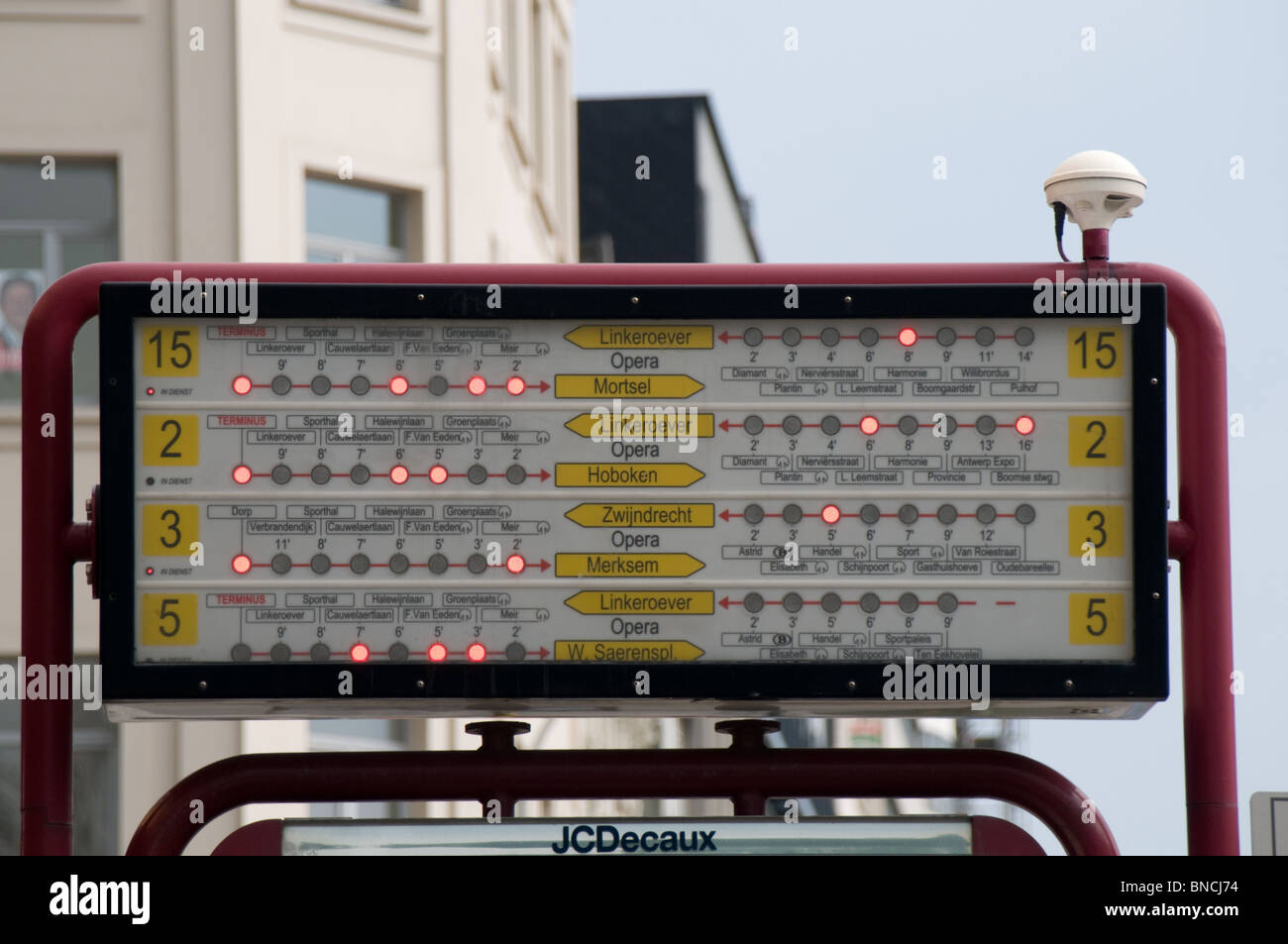 Tram information board at the Opera stop. The lights indicate where the ...