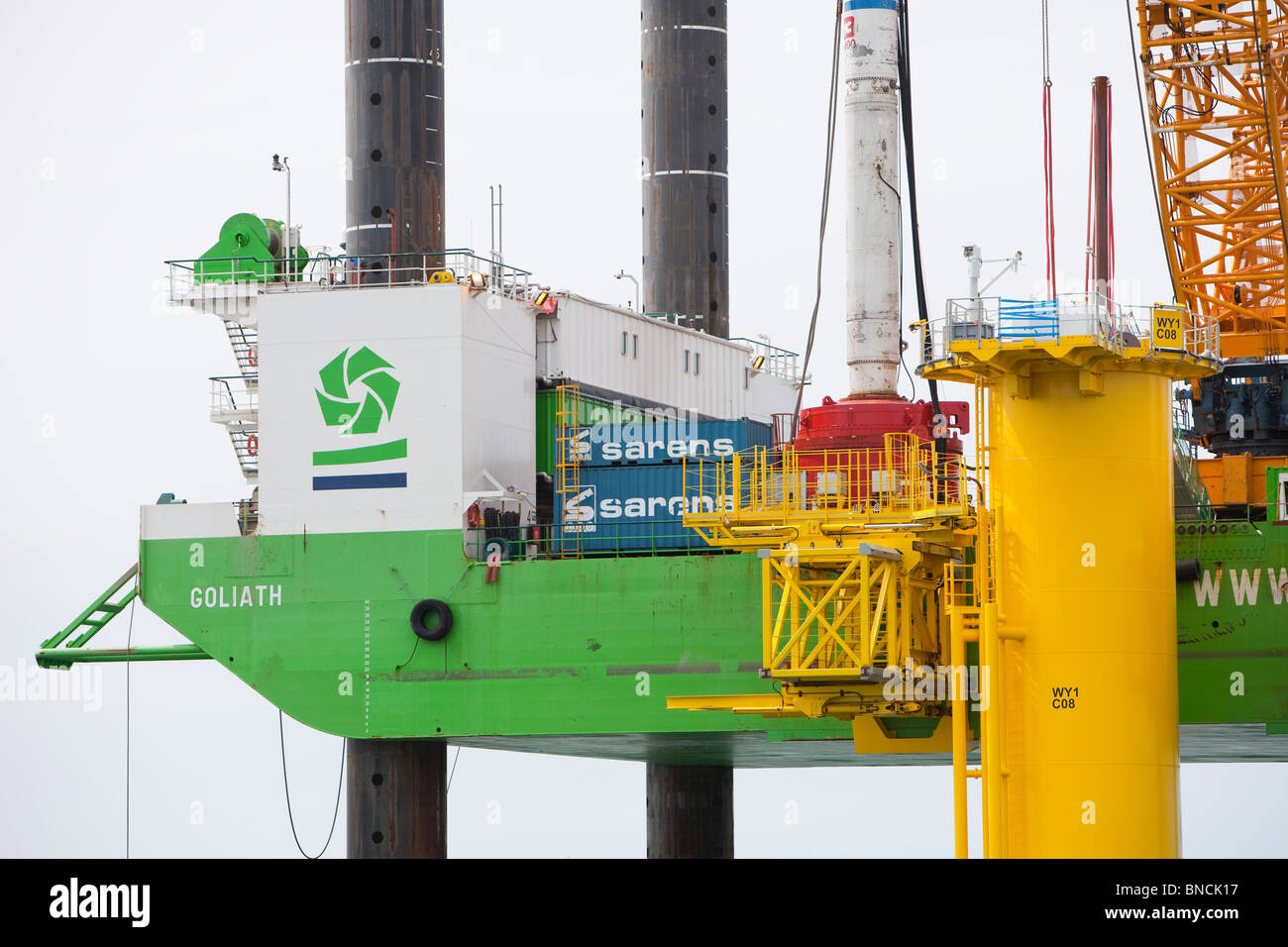 A jack up barge being used to construct the Walney off shore wind farm ...
