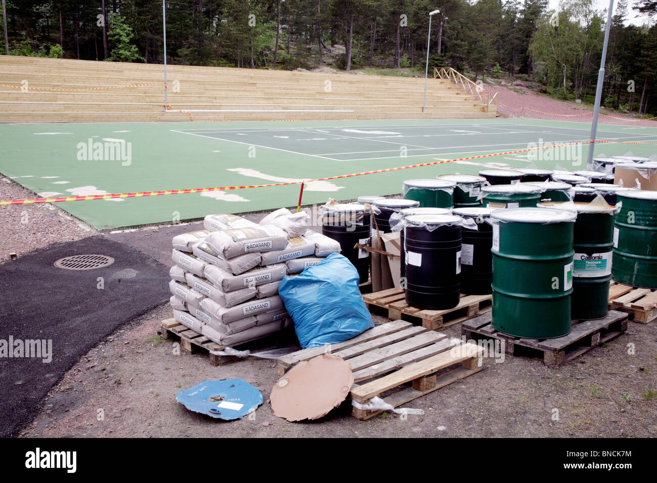 The new 400 seat tennis court stand and paint and materials ready for ...