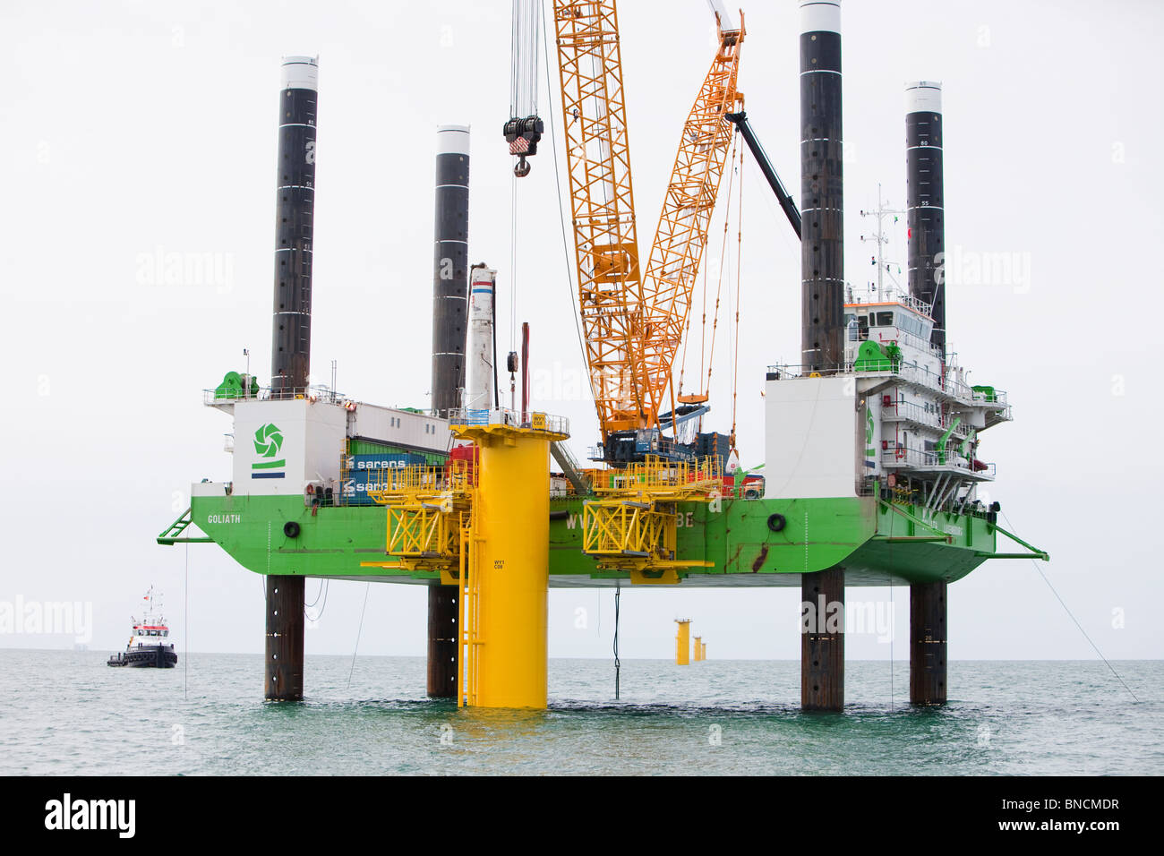 A jack up barge being used to construct the Walney off shore wind farm ...