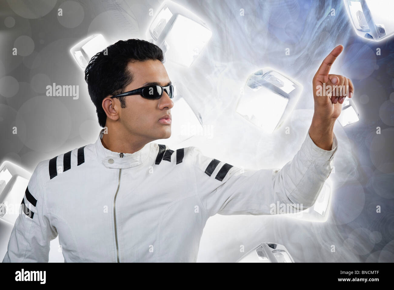 Pilot using touch screen Stock Photo - Alamy