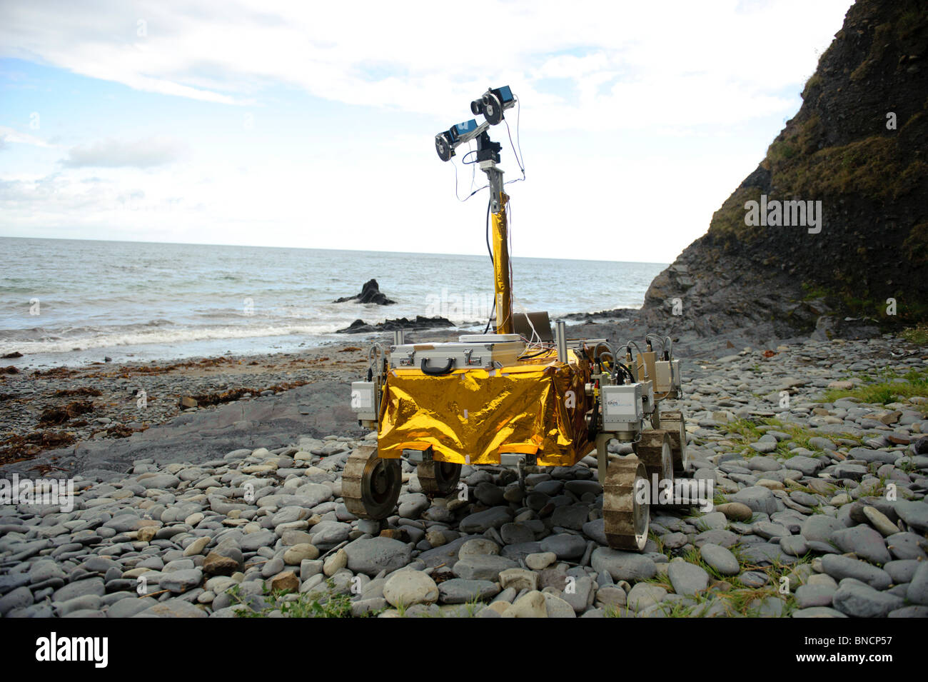A mock-up of the Mars explorer robot on Clarach beach near Aberystwyth ...