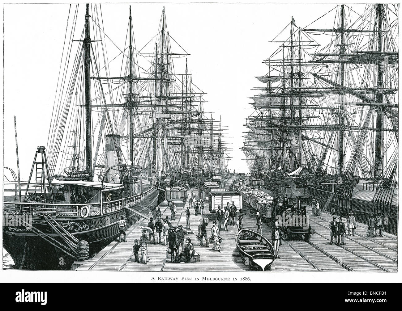 An engraving entitled "A Railway Pier in Melbourne in 1886" - published ...