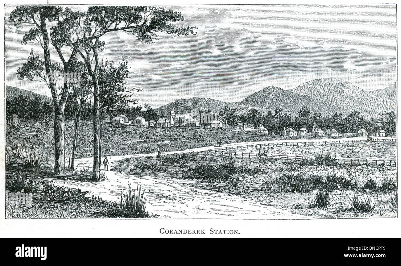 An engraving of Coranderrk Station, a goverment run aboriginal reserve ...