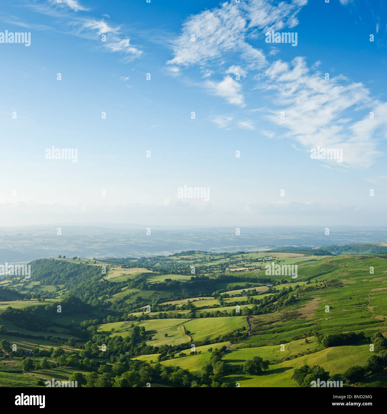 View over rural Welsh countryside from Twmpa, Black Mountains, Powys ...