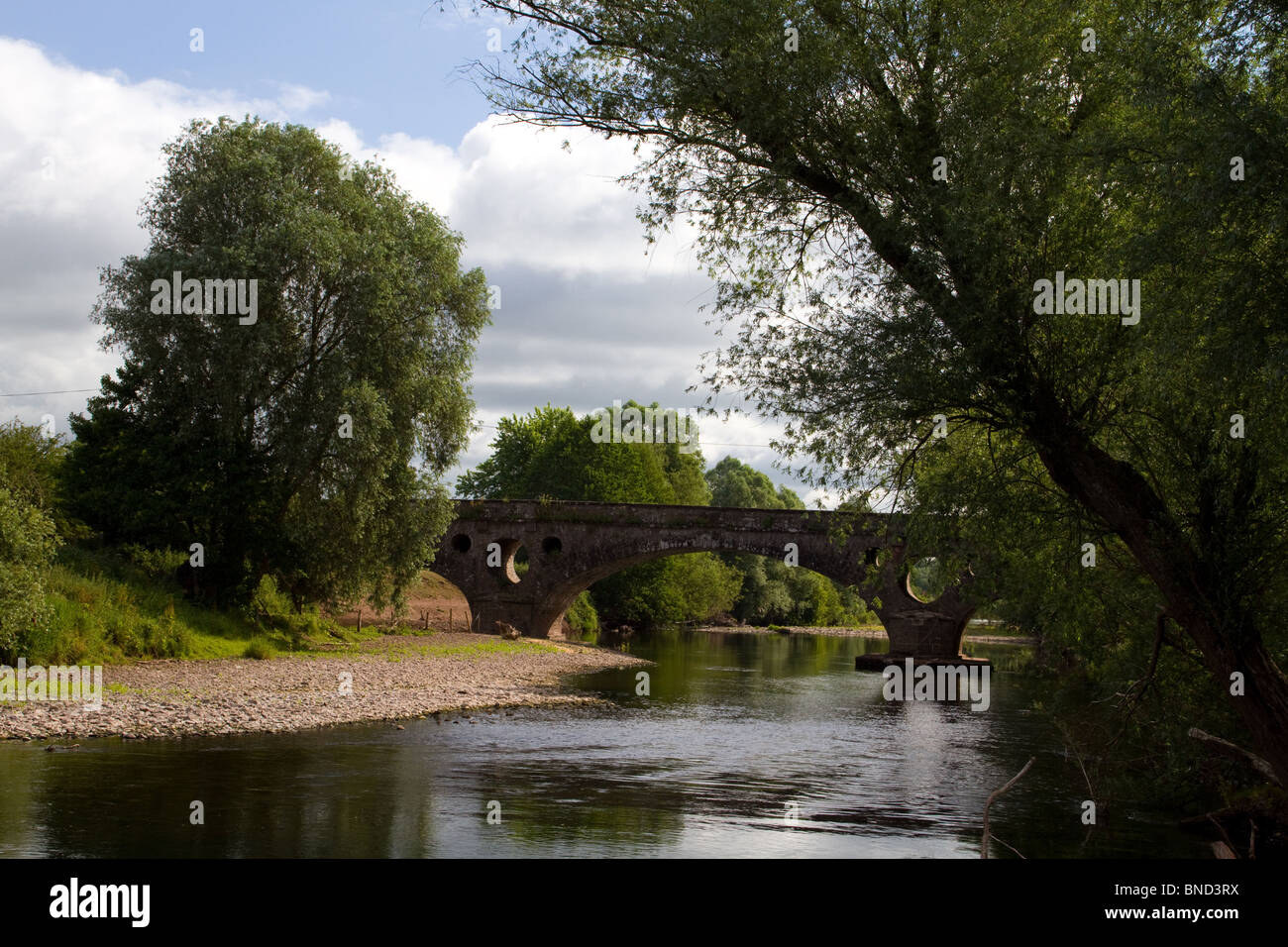 Bridge over calm river with trees over hanging in Wales Stock Photo - Alamy