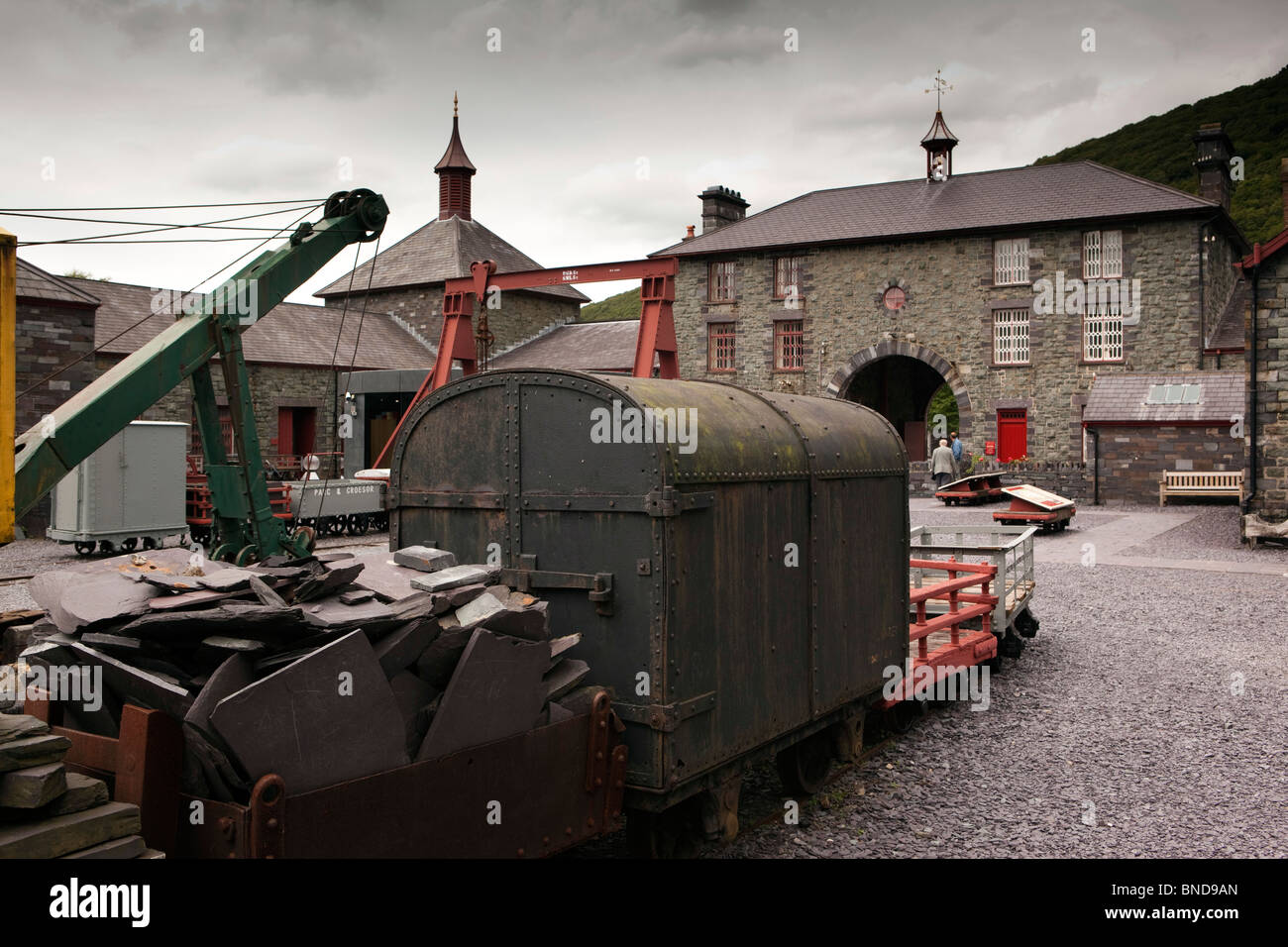 UK, Wales, Snowdonia, Llanberis, National Slate Museum main yard Stock ...