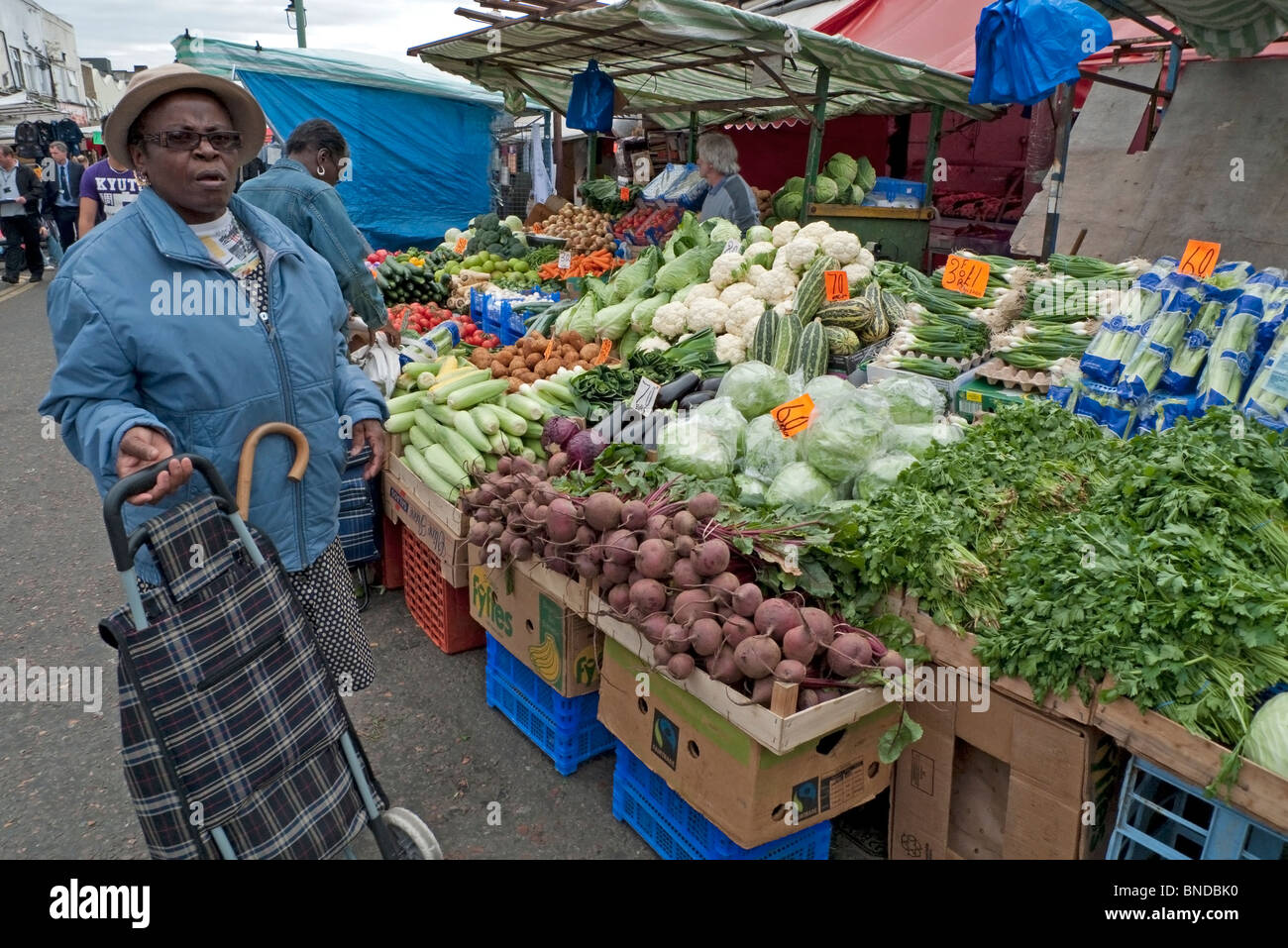 An elderly woman shopper with a shopping trolley standing by a ...