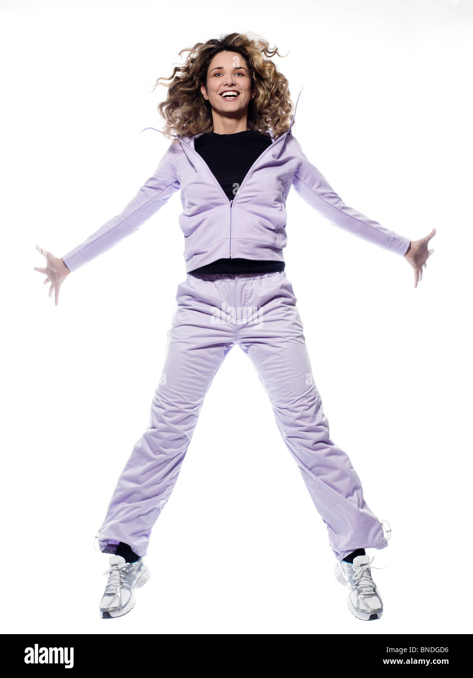 caucasian woman jumping portrait isolated studio on white background ...