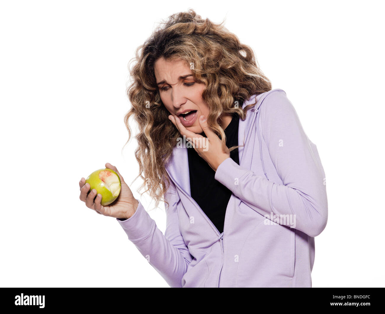 caucasian woman teeth pain portrait isolated studio on white background ...