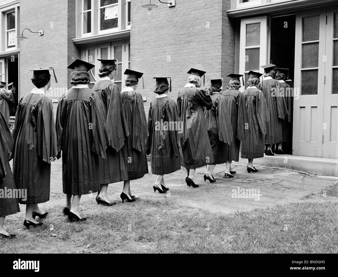 Rear view of female students dressed in graduation gowns standing in a ...