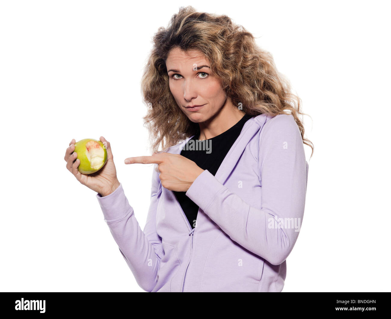 caucasian woman sad point apple portrait isolated studio on white ...
