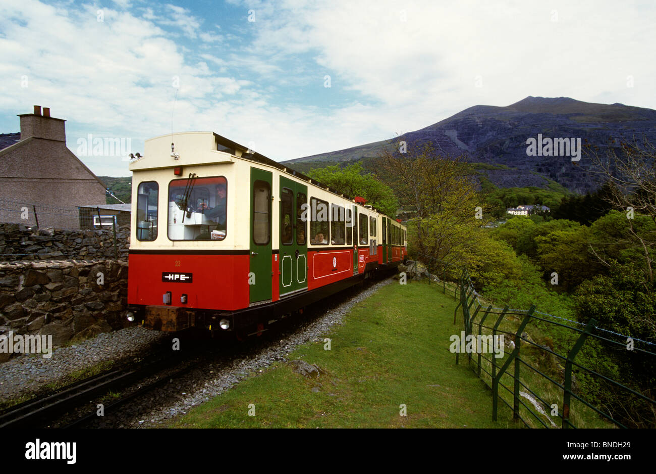 UK, Wales, Snowdonia, Snowdon Mountain Railway train ascending the ...