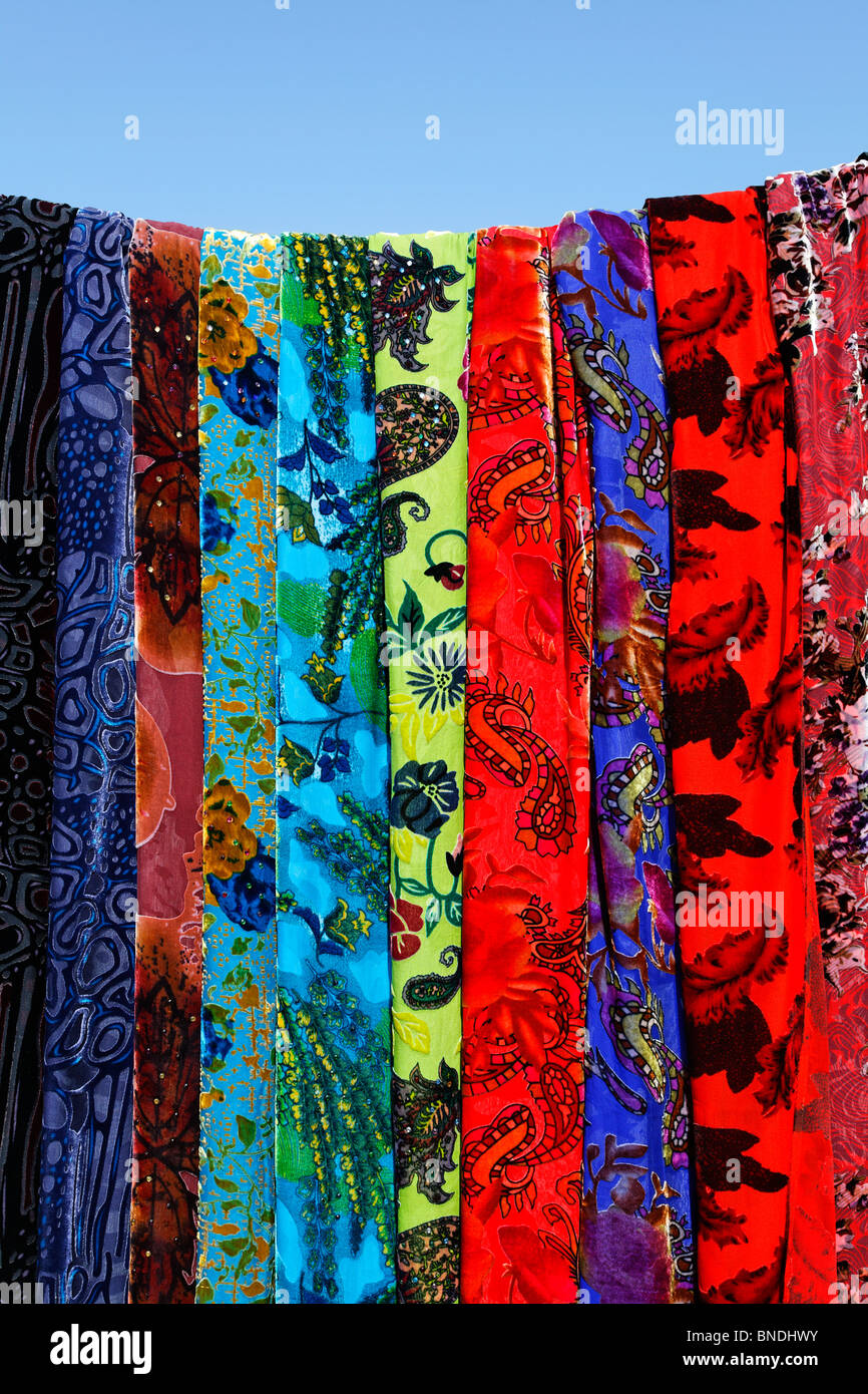 Colourful displays in the Fabric Market, Sunday Market, Ashgabat ...