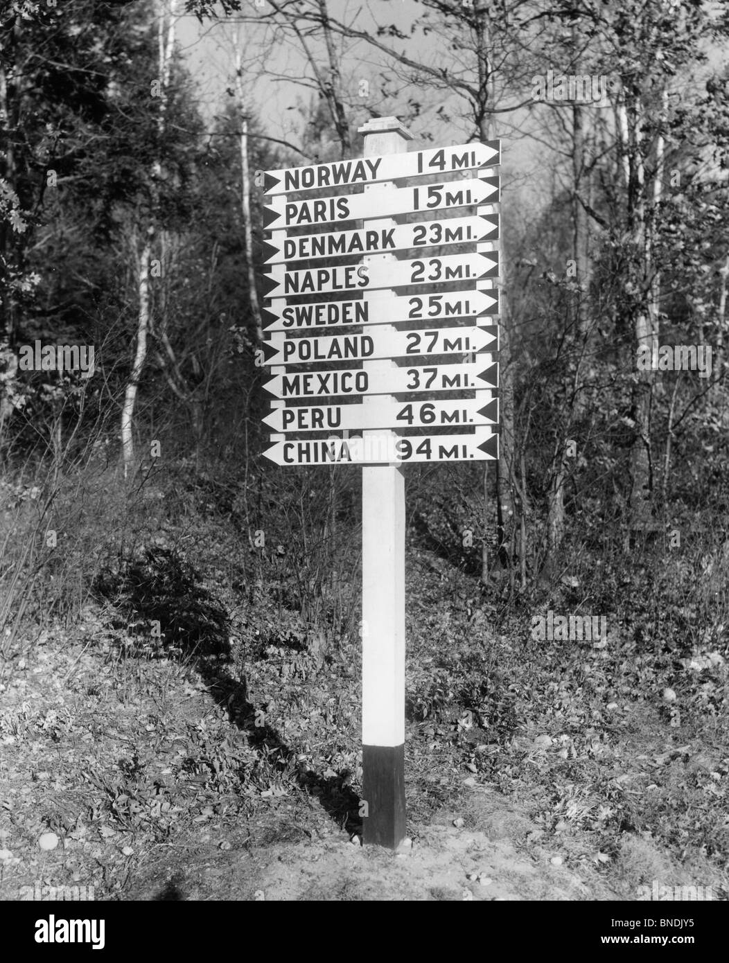Distance sign in a landscape Stock Photo - Alamy