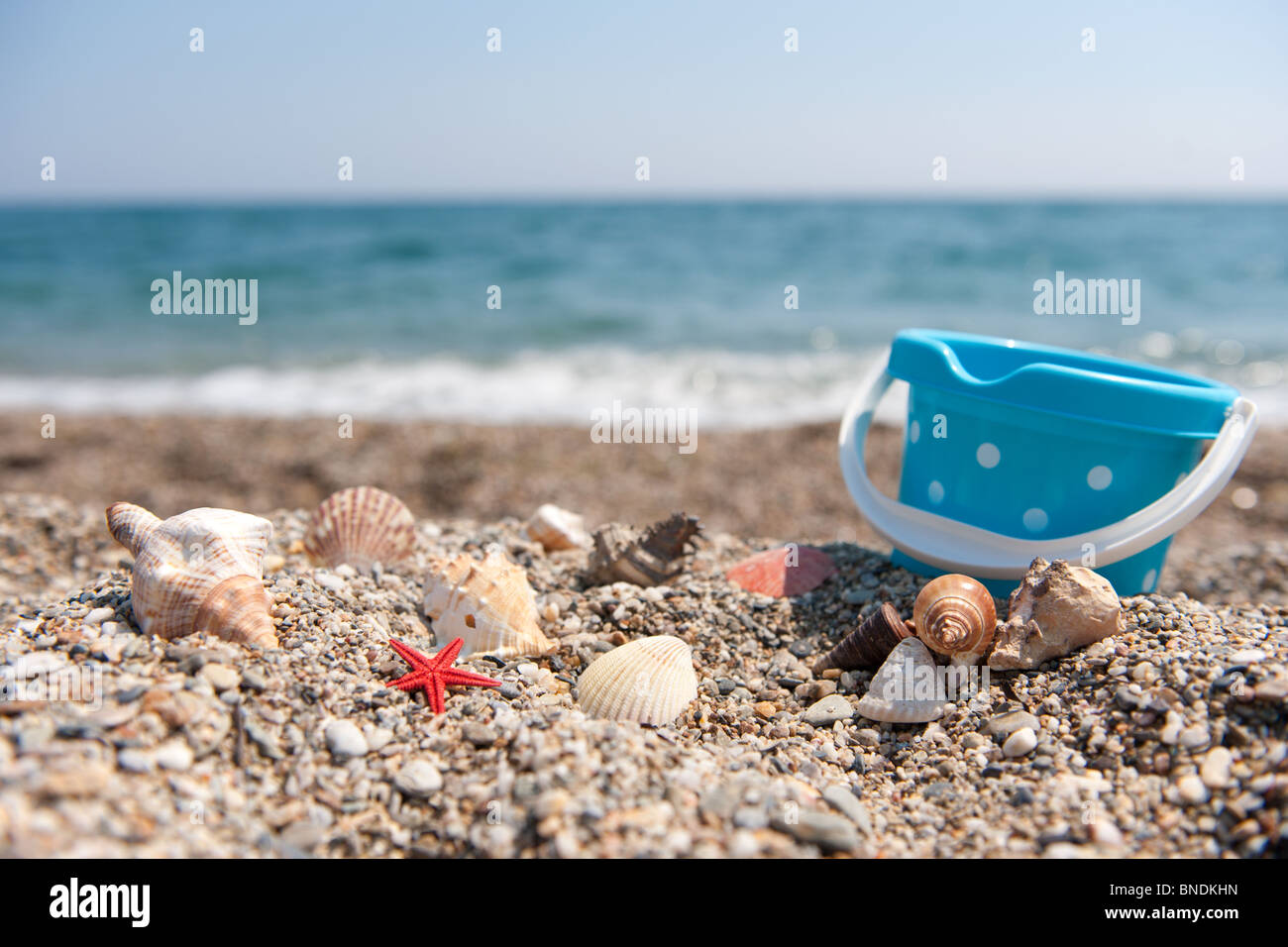Shells and toys at the beach in sea landscape Stock Photo - Alamy