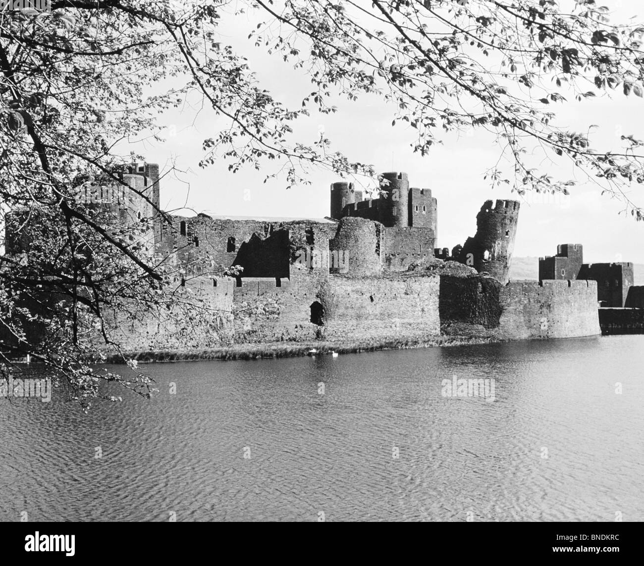 View of caerphilly castle Black and White Stock Photos & Images - Alamy