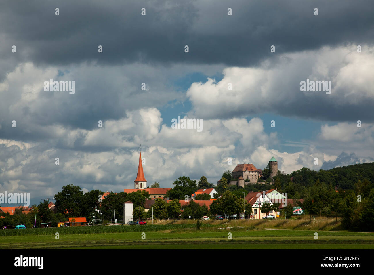 13th century Medieval Castle hotel Colmberg Germany on hillside above ...