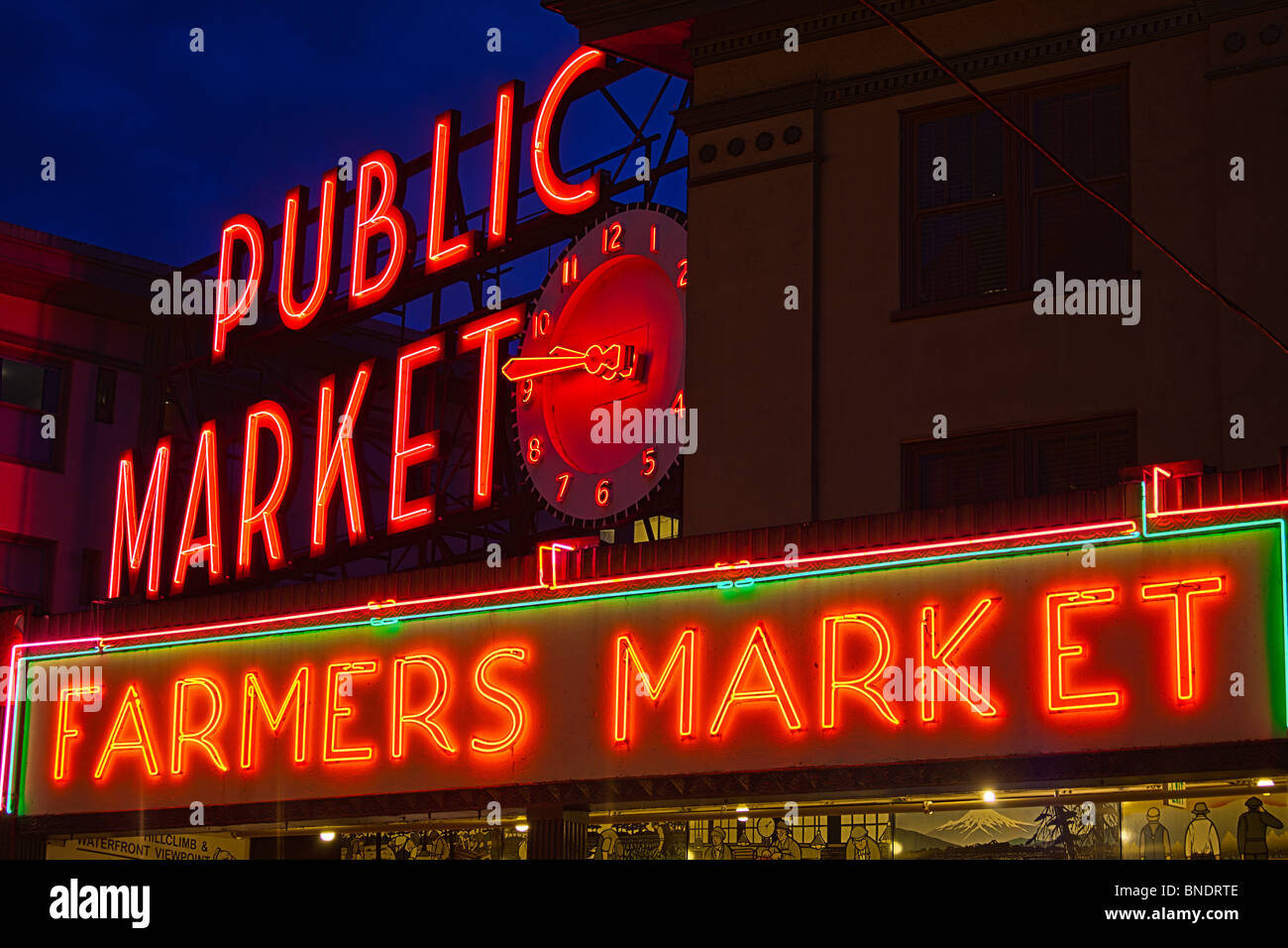 Public Market and clock sign, Pike Place Market, Seattle, Washington ...