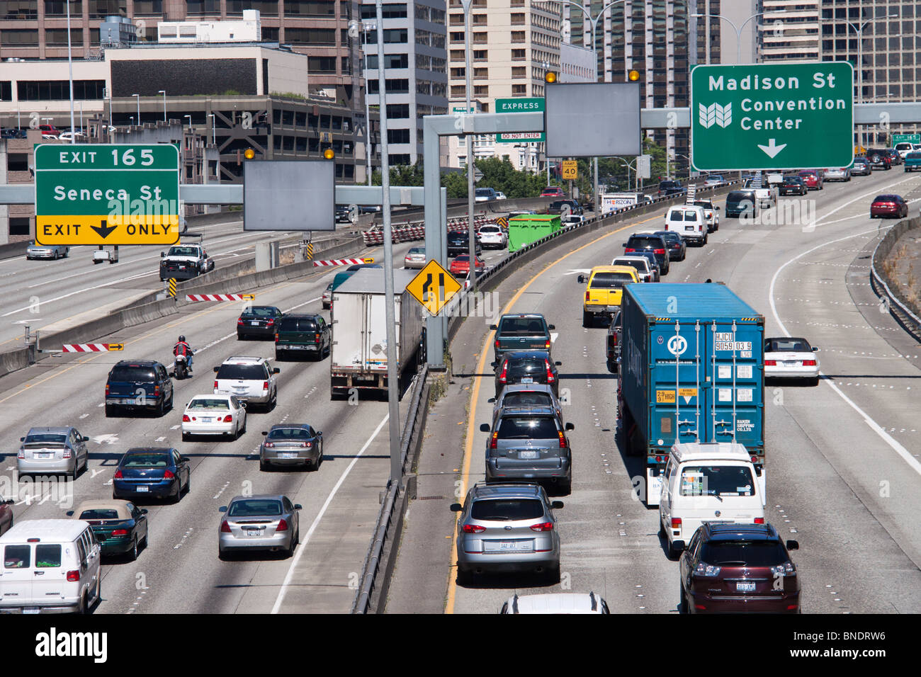Mid-day traffic on Interstate 5 viewed from Yesler Street overpass ...