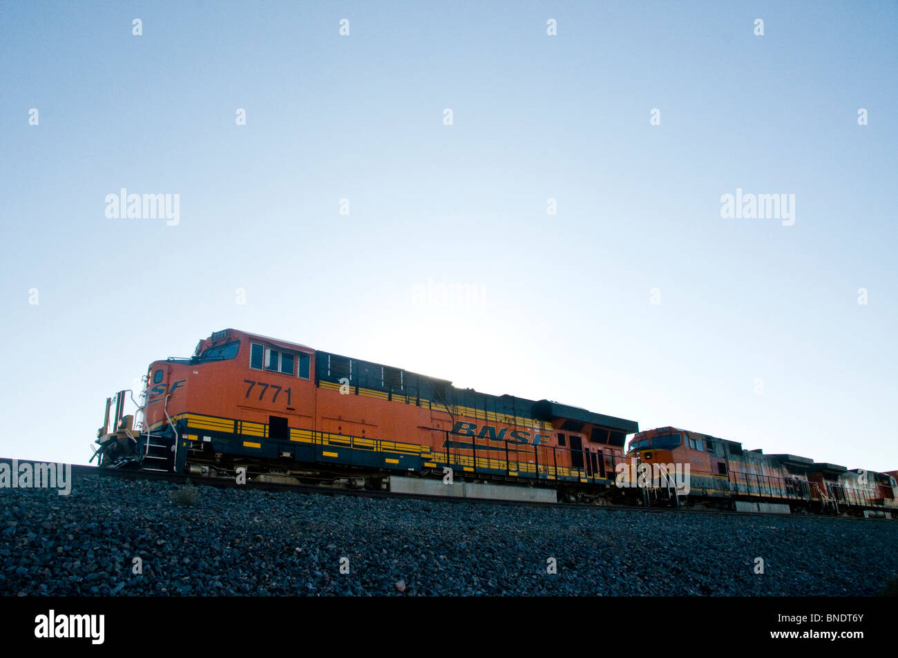 Low angle view of a train moving on tracks, Route 66, New Mexico, USA ...