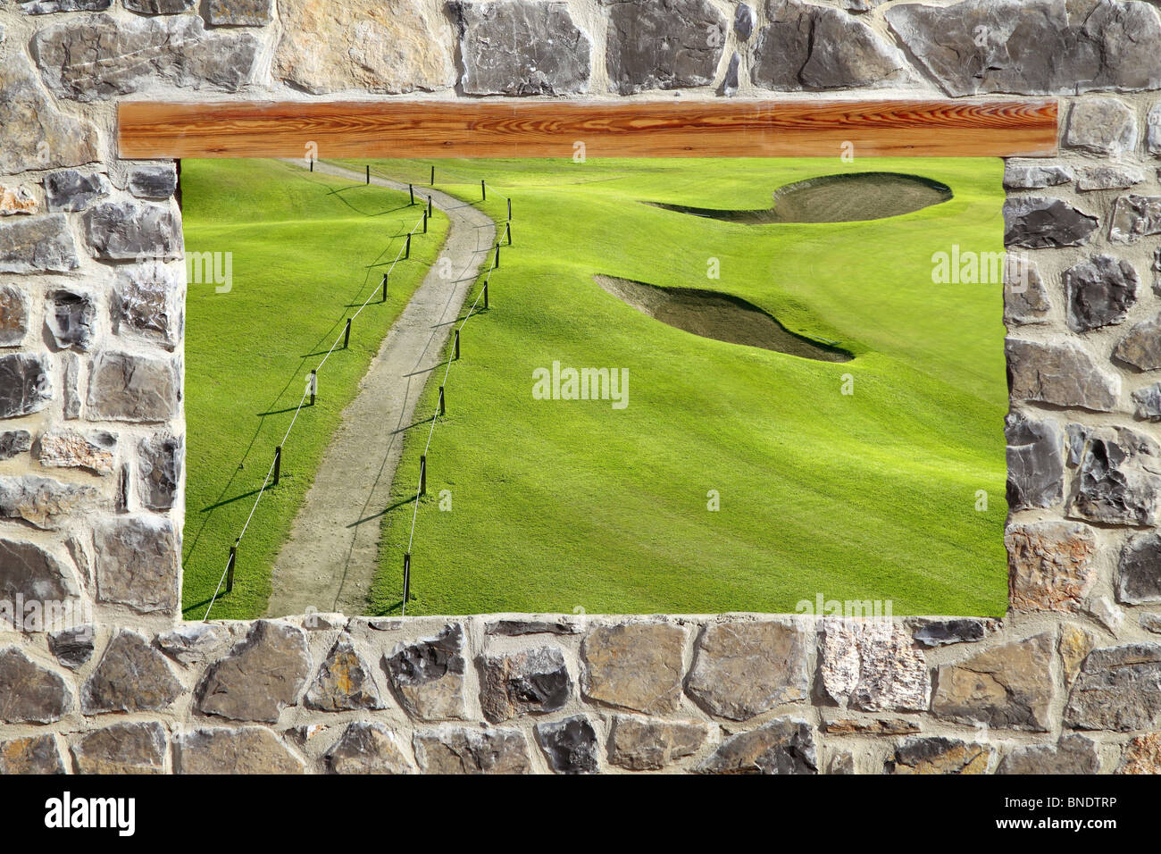 view window golf course stone masonry wall Stock Photo - Alamy