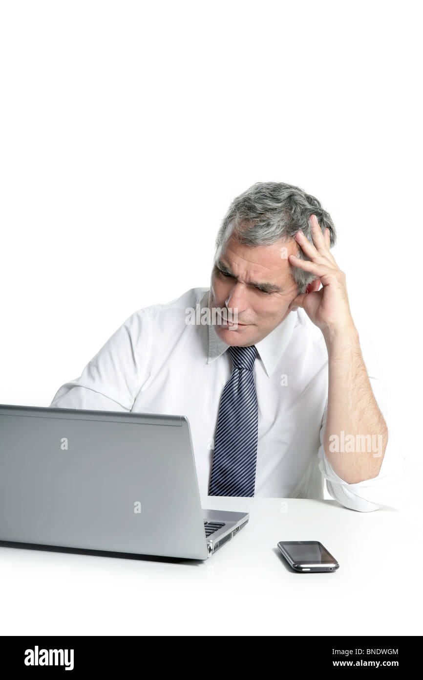 angry sad senior gray hair businessman laptop computer hand gesture ...