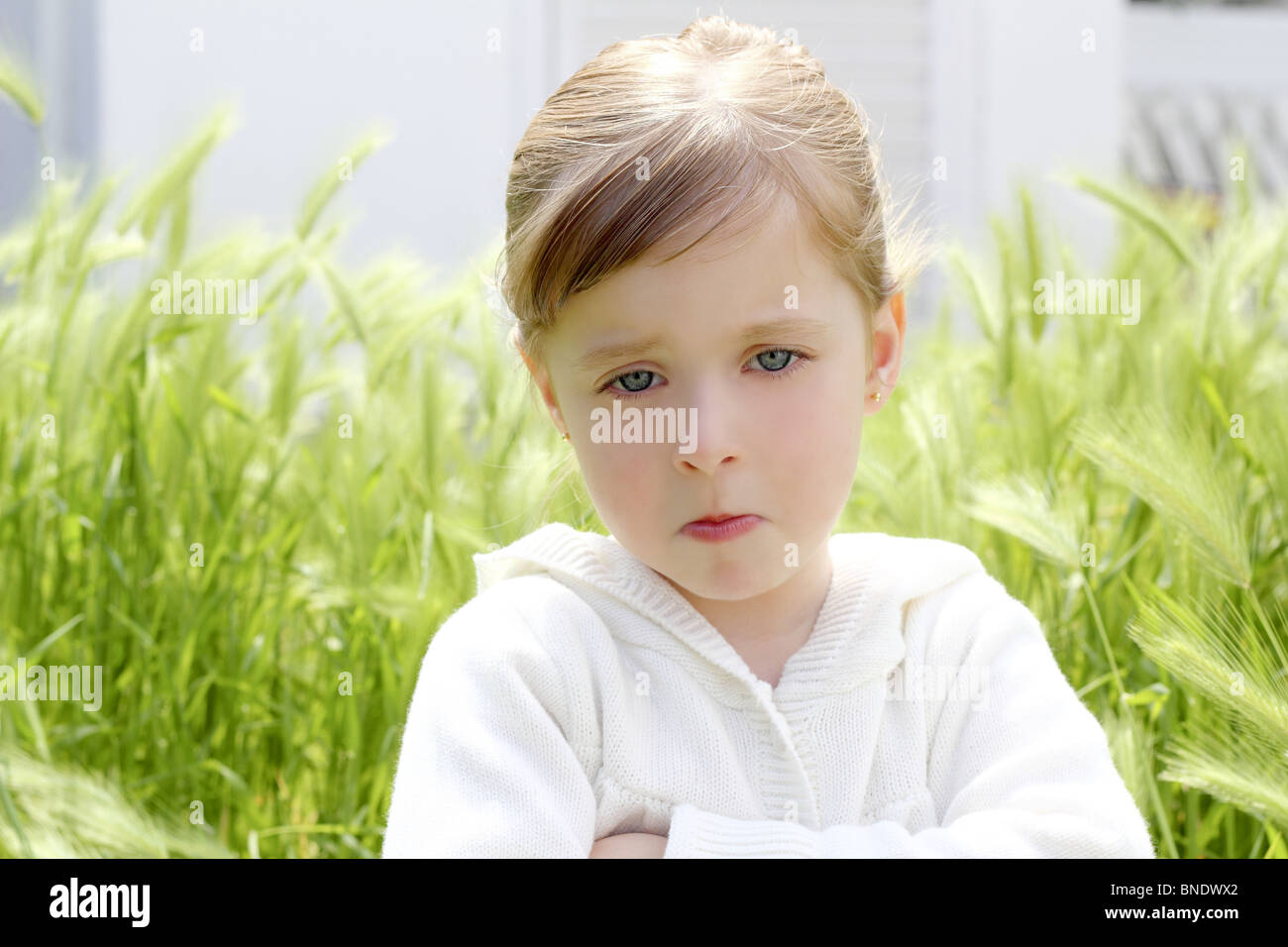 angry disappointed gesture little girl green spikes meadow garden Stock ...