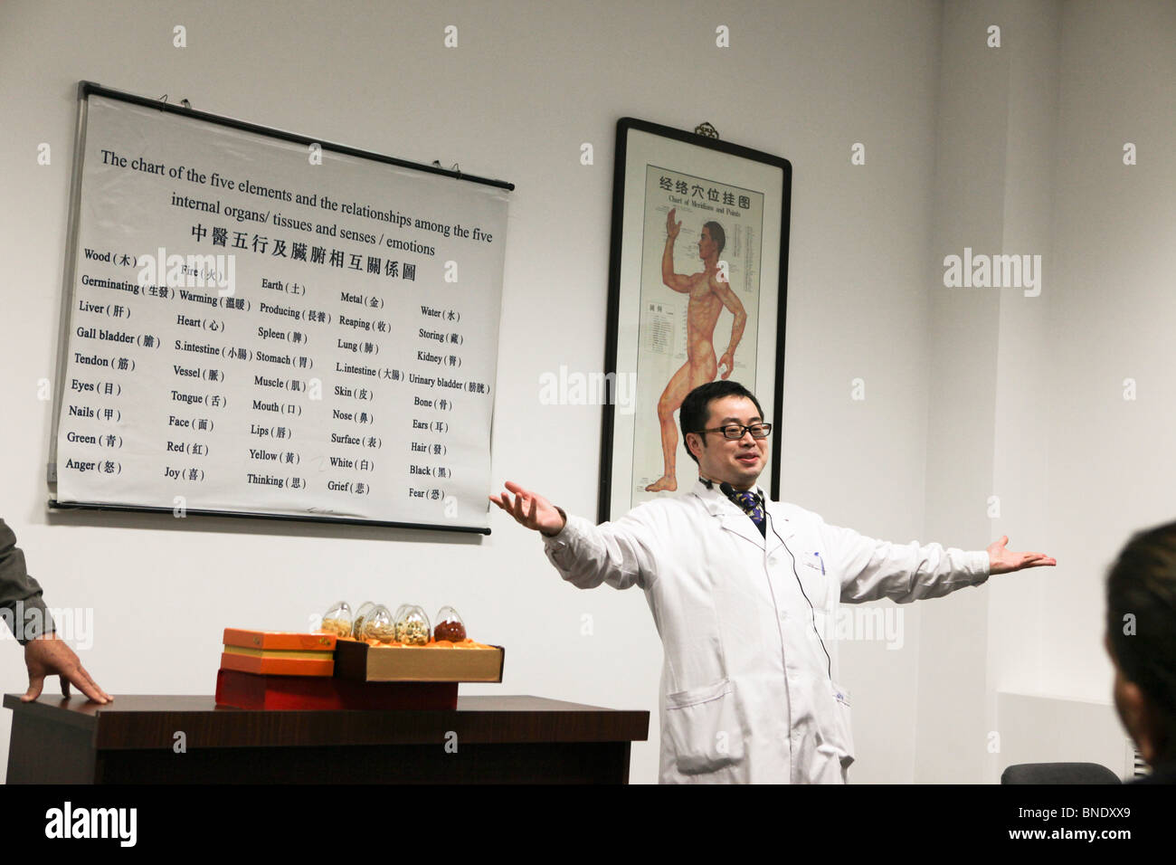 China, Beijing, Chinese Medicine practitioner explains the method with ...
