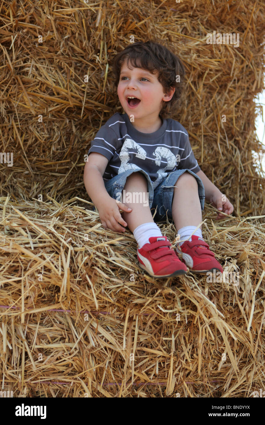Young boy of four sits on a haystack Model Release Available Stock ...