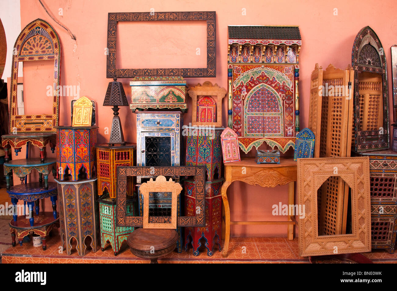 Wooden frames at a market stall, Medina, Marrakesh, Morocco Stock Photo ...
