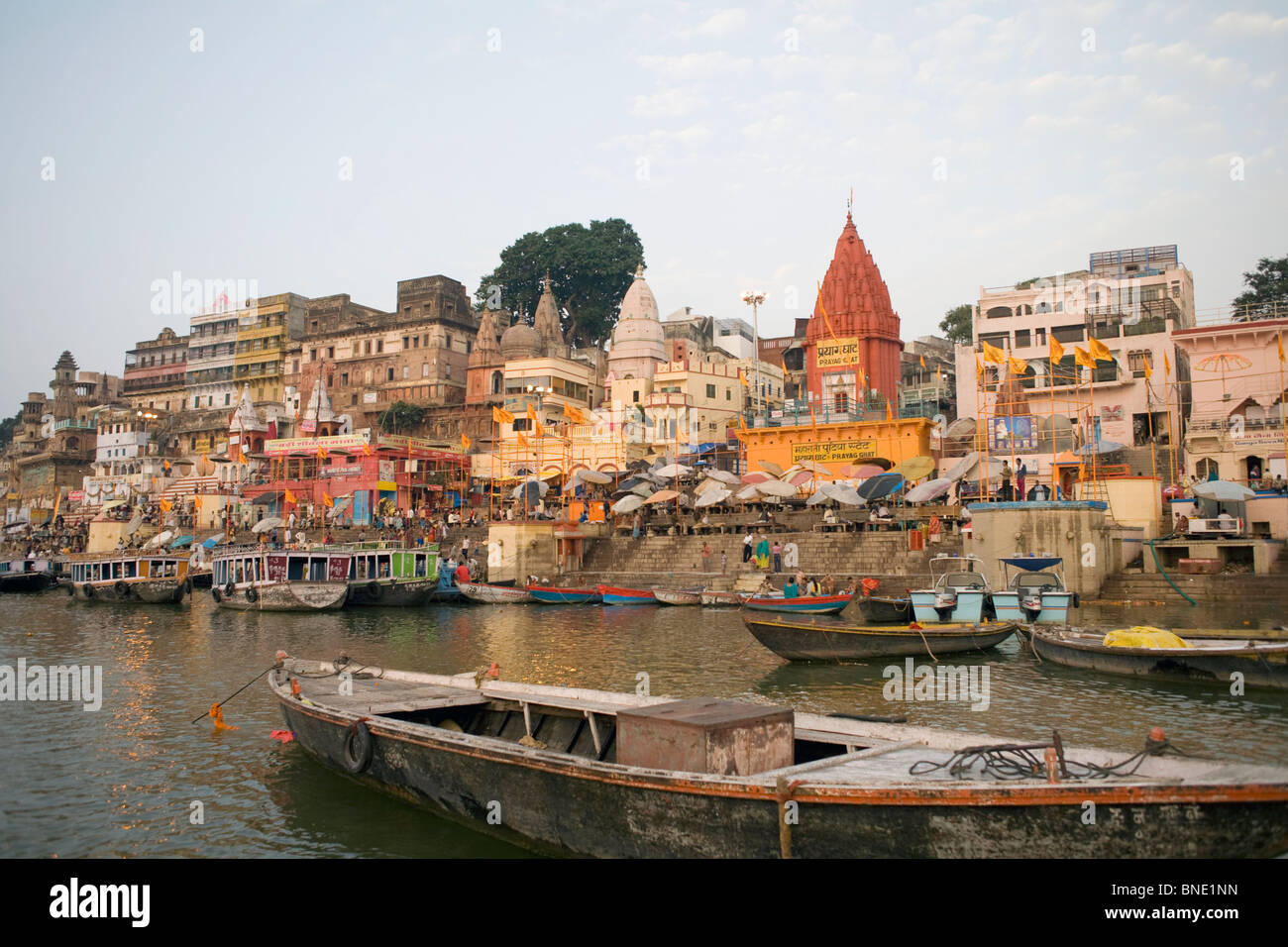 Hindu temples at the riverbank, Prayag Ghat, Ganges River, Varanasi ...