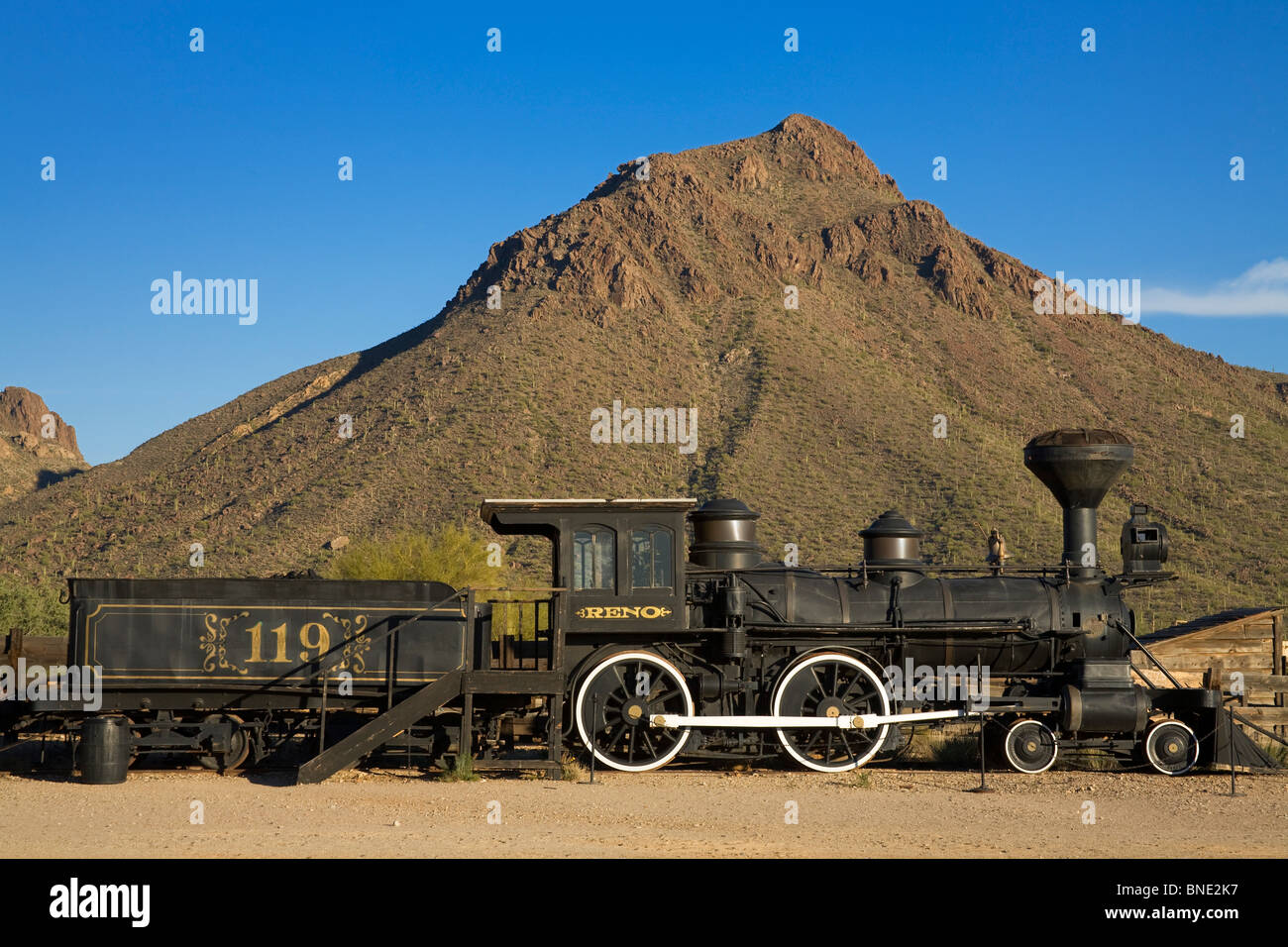 Reno locomotive in front of a mountain, Old Tucson Studios, Tucson ...
