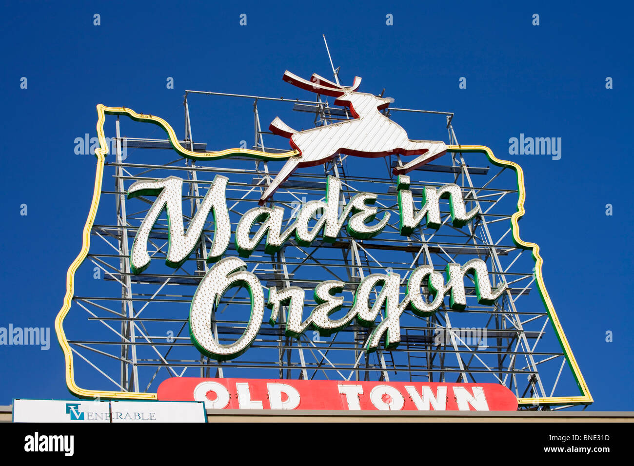 Low angle view of the neon of Made in Oregon Sign, Old Town, Portland ...