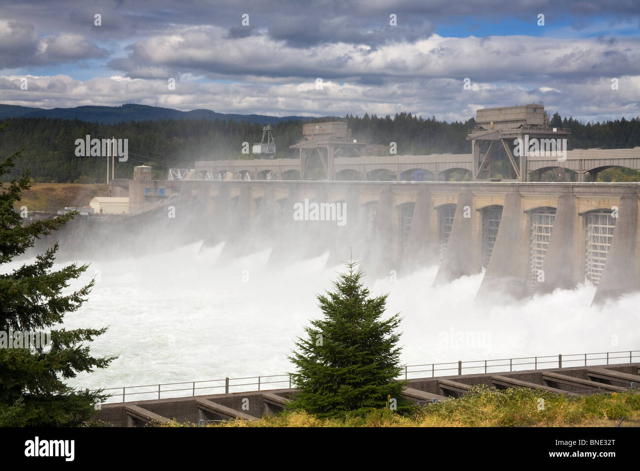 Water flowing from a dam, Bonneville Dam, Columbia River Gorge ...