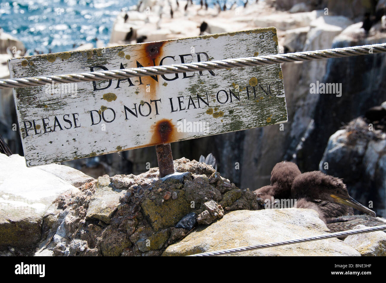 A danger sign just behind the rope to shield people off the edges on ...