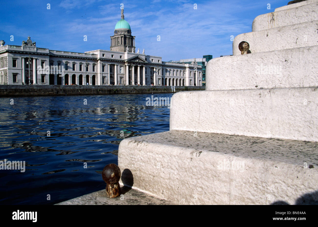 Facade of a government building along the river, Custom House, Dublin ...