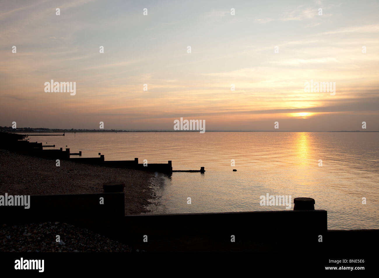 Groynes on the beach at sunset Stock Photo - Alamy