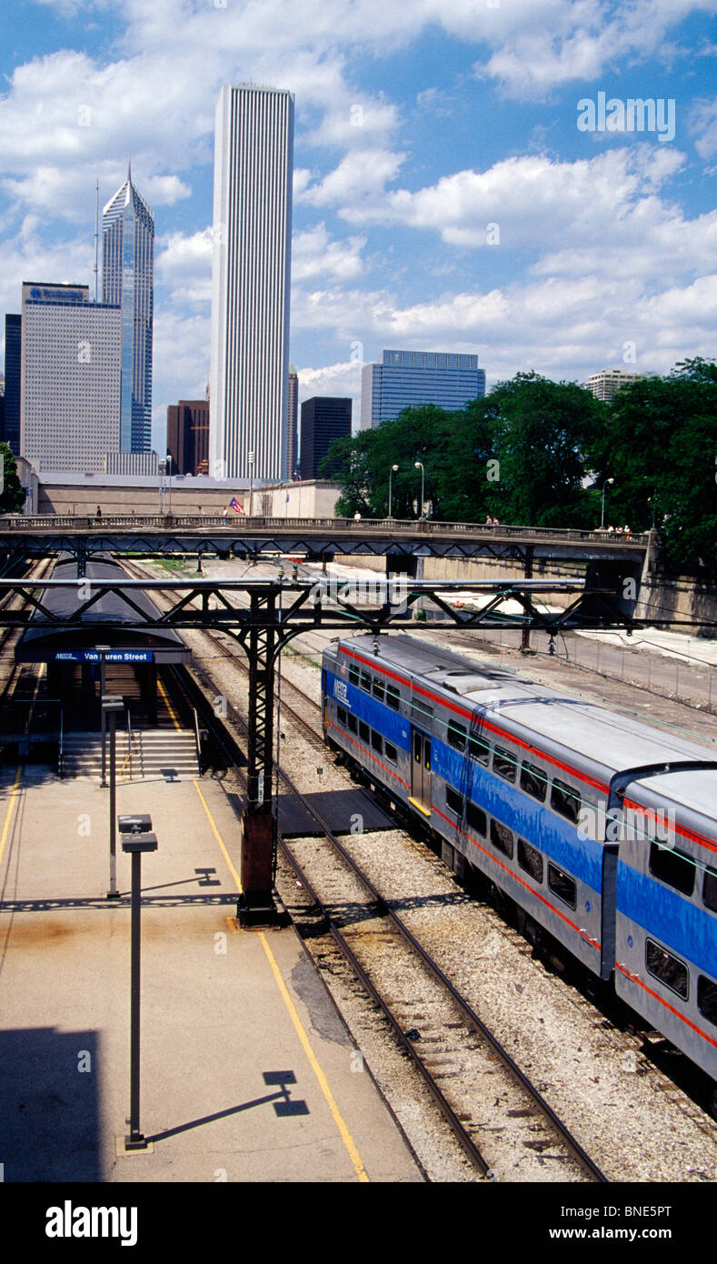 USA, Illinois, Chicago, rail road with skyscrapers in the background ...