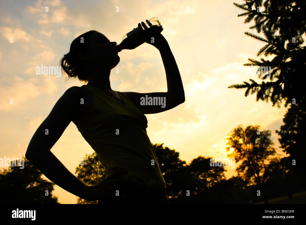 girl drinking water sunset shadow silhouette Stock Photo - Alamy