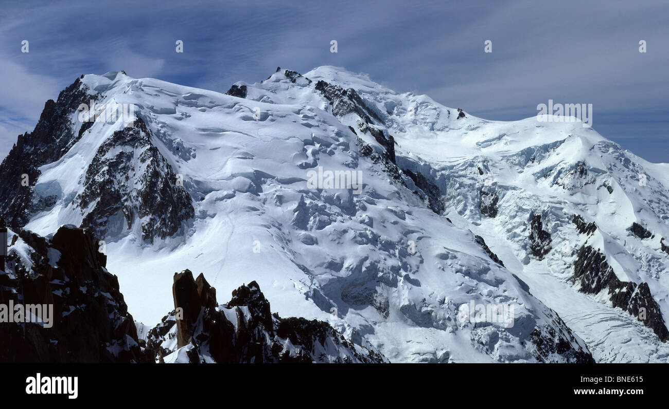 Panoramic view of the Mont Blanc massif from the Aiguille du Midi Stock ...