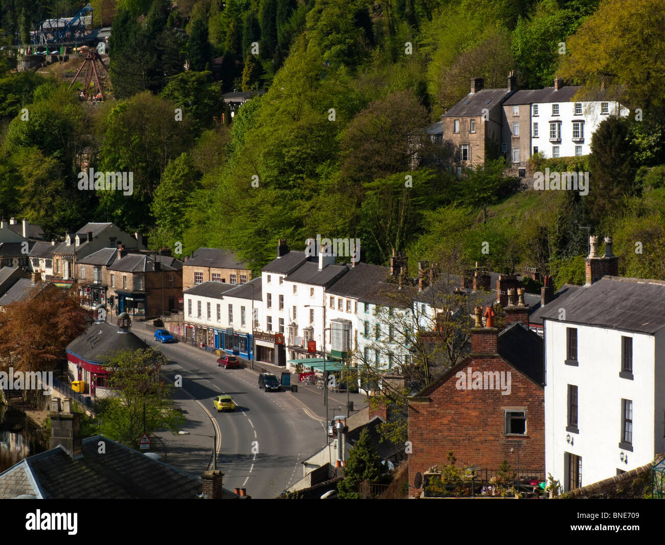 Shops and houses on North Parade in Matlock Bath in the Derbyshire Peak ...