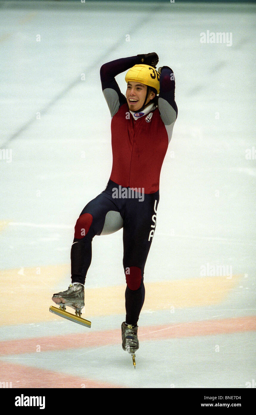 Apolo Anton Ohno (USA) reacts after winning the 1500 meter finals in short track speed skating ...