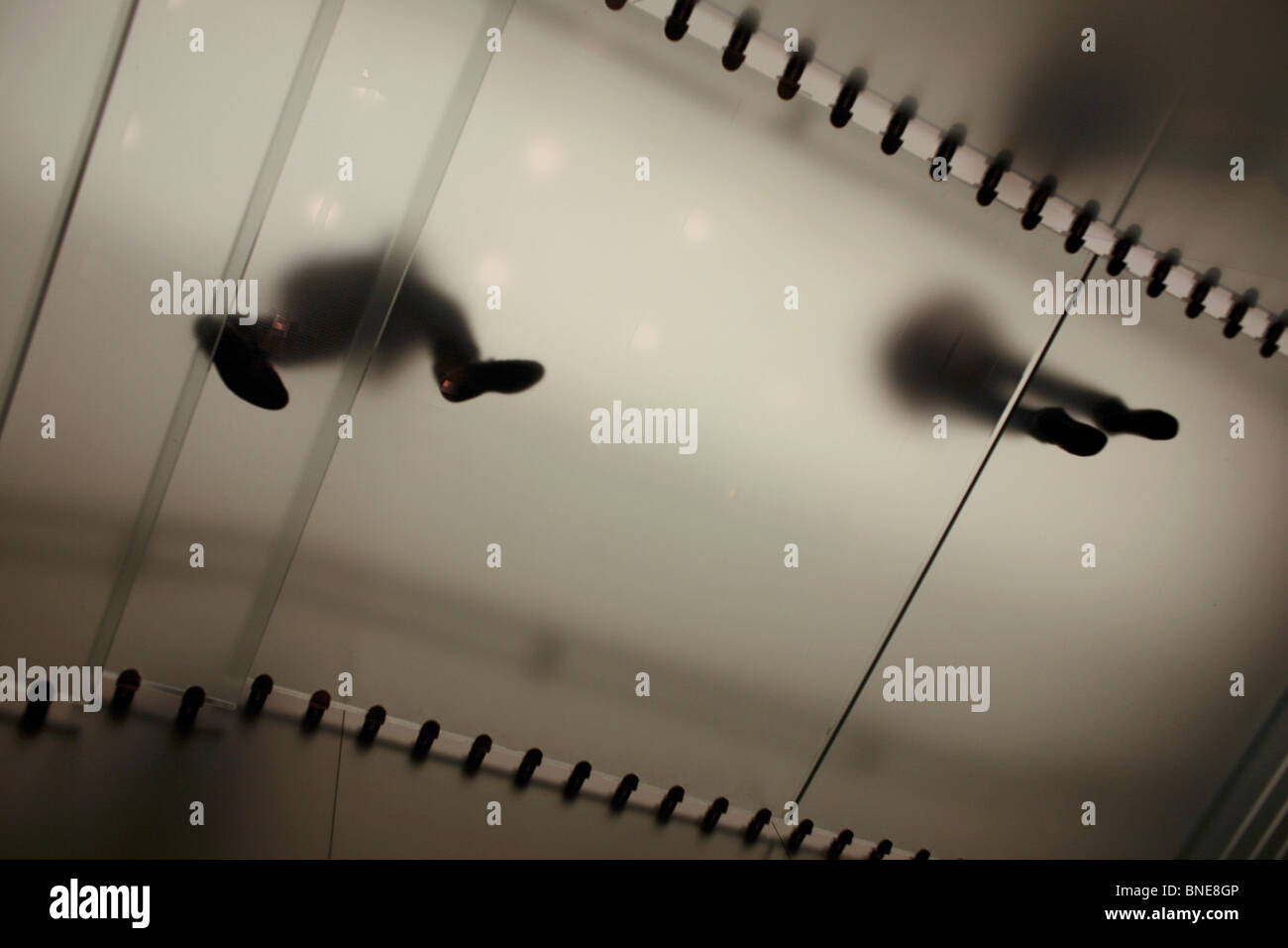 A view of people walking from underneath a transparent walkway in the ...